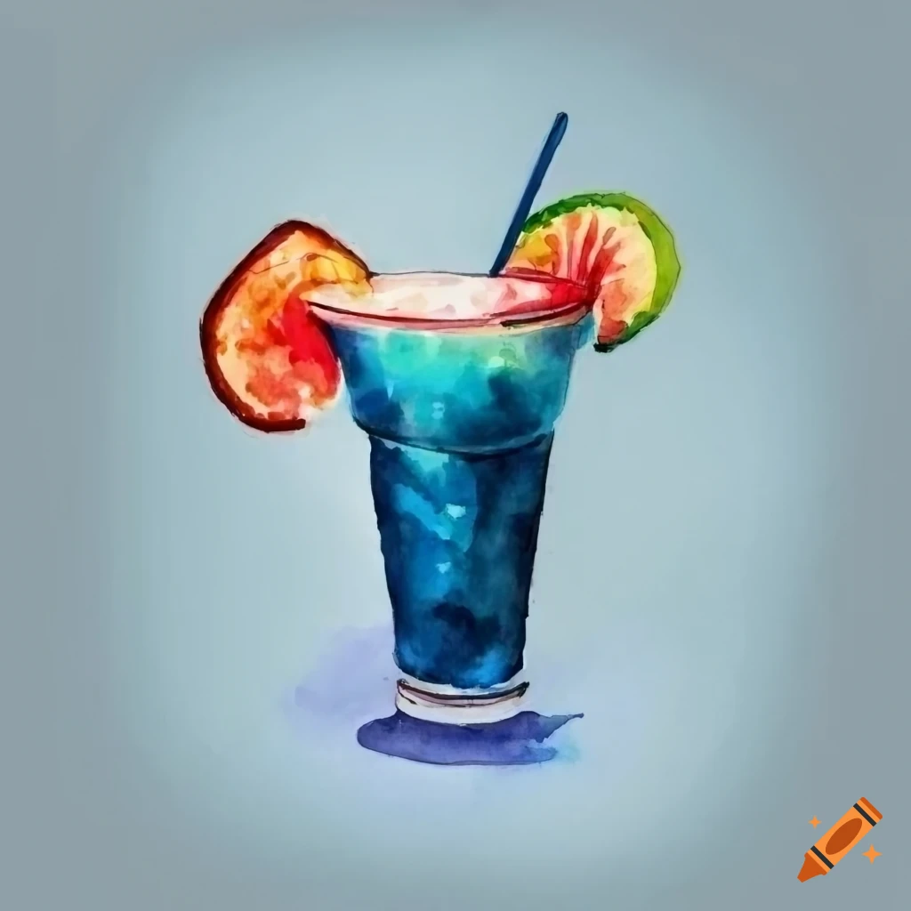 Watercolour of red cocktail with lime and mint on Craiyon