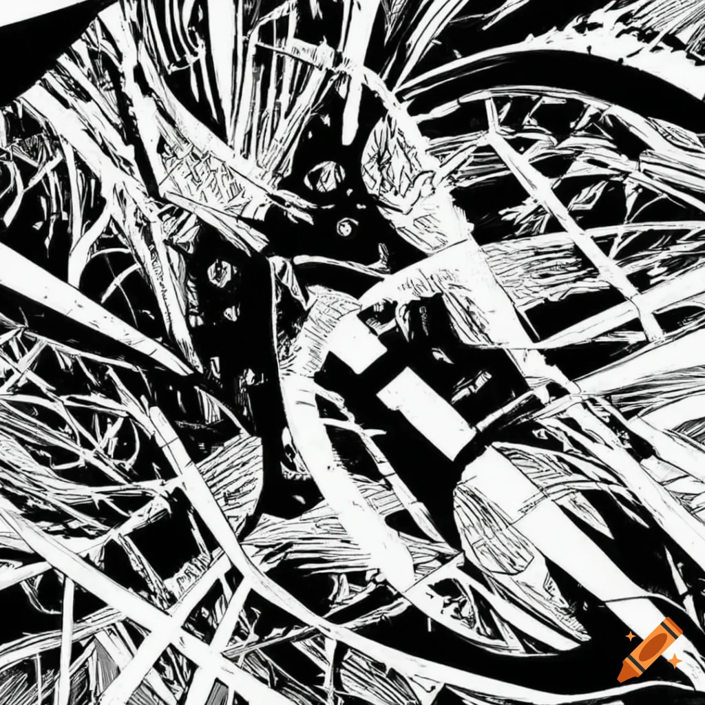 Highly detailed black and white manga panel with sharp outlines in an ...