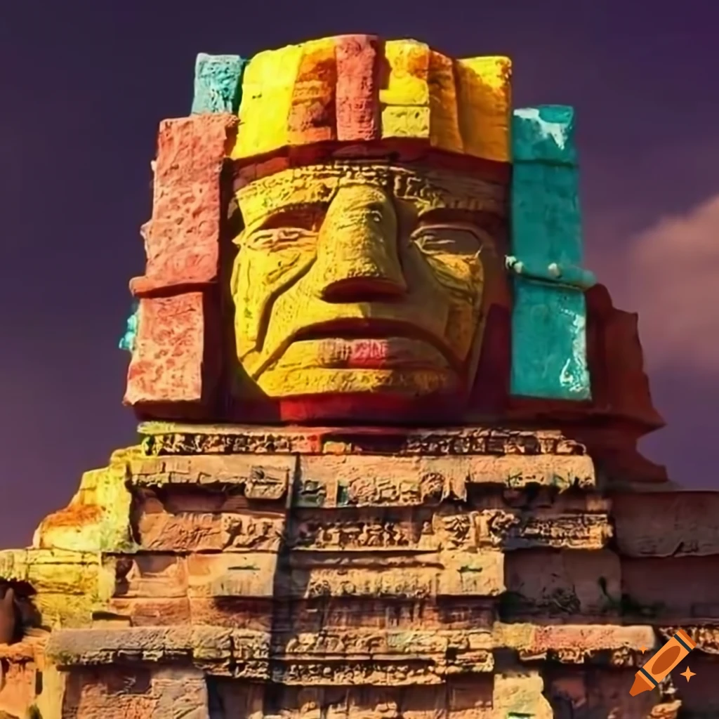 Gigantic aztec statue in the sunny jungle