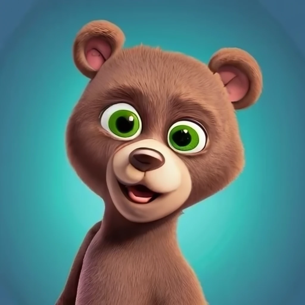 Cute pixar bear with a big smile and green eyes