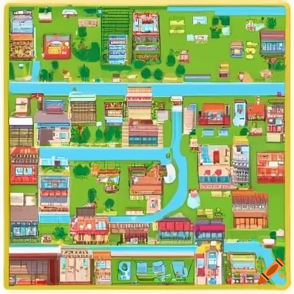 Colorful town map with various locations on Craiyon