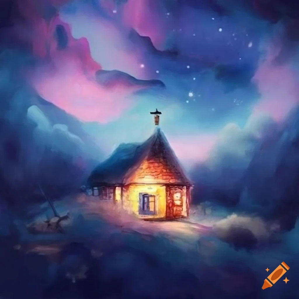 Pastel painting of a cottage surrounded by dreamy clouds on Craiyon
