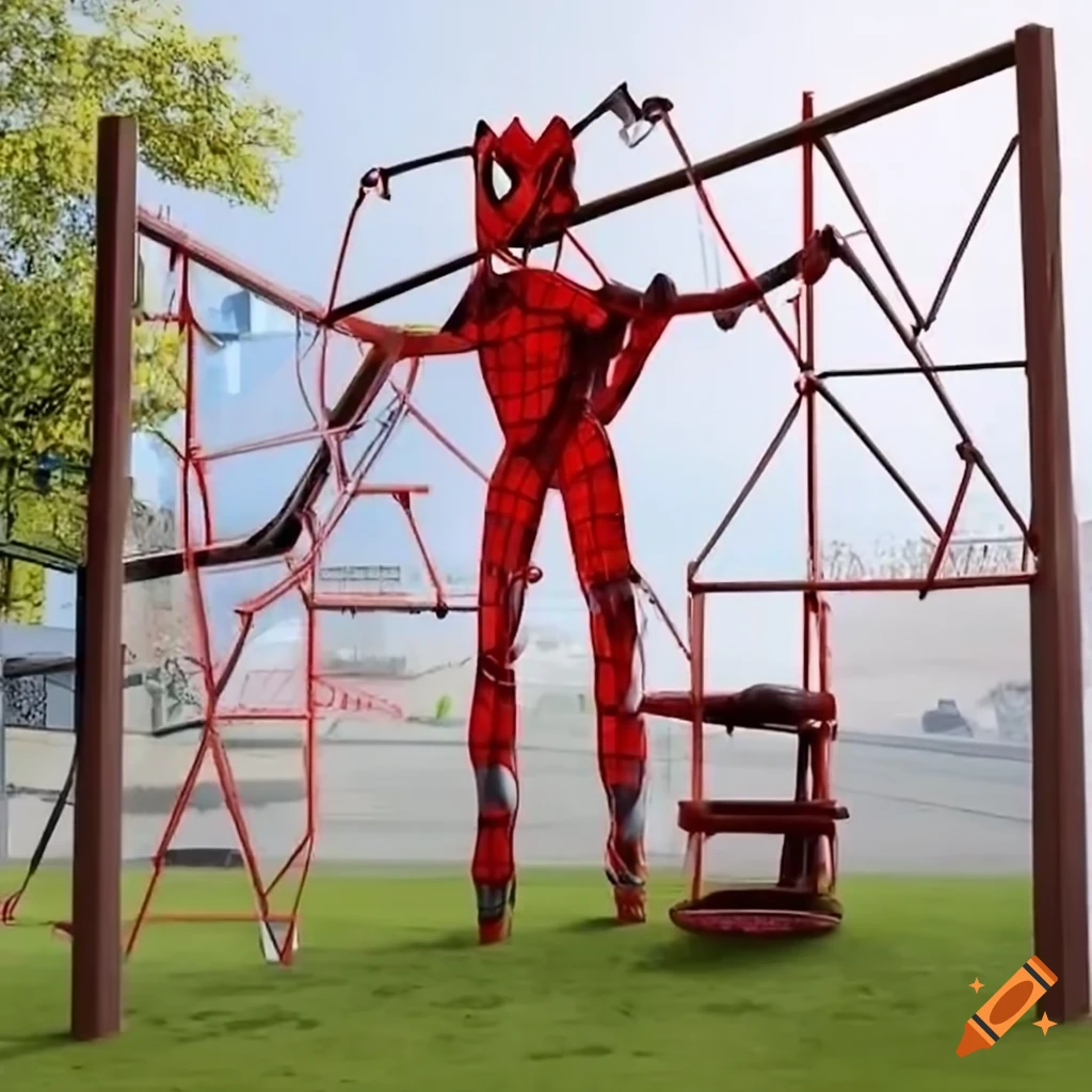 Spider-man themed climbing frame in urban setting on Craiyon
