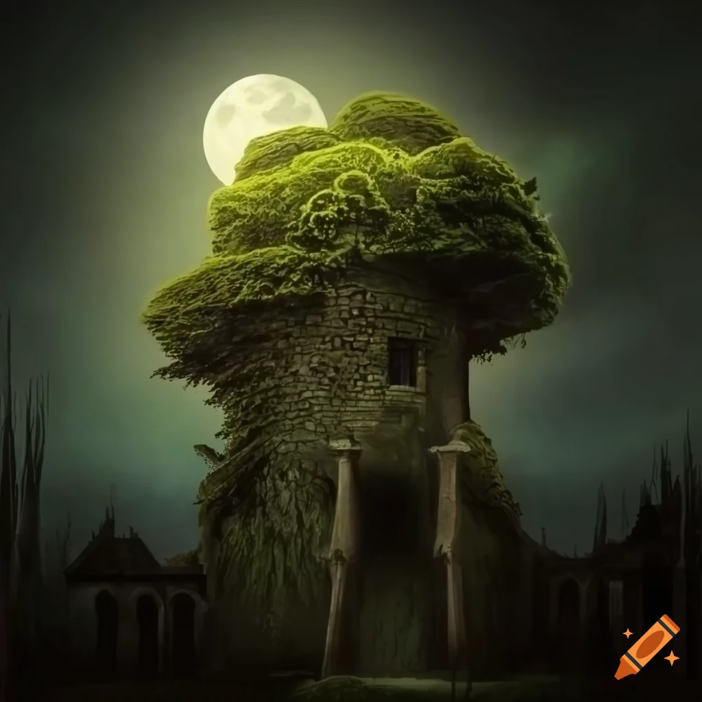 Moss-covered biomorphic stone buildings on a space island with milky ...