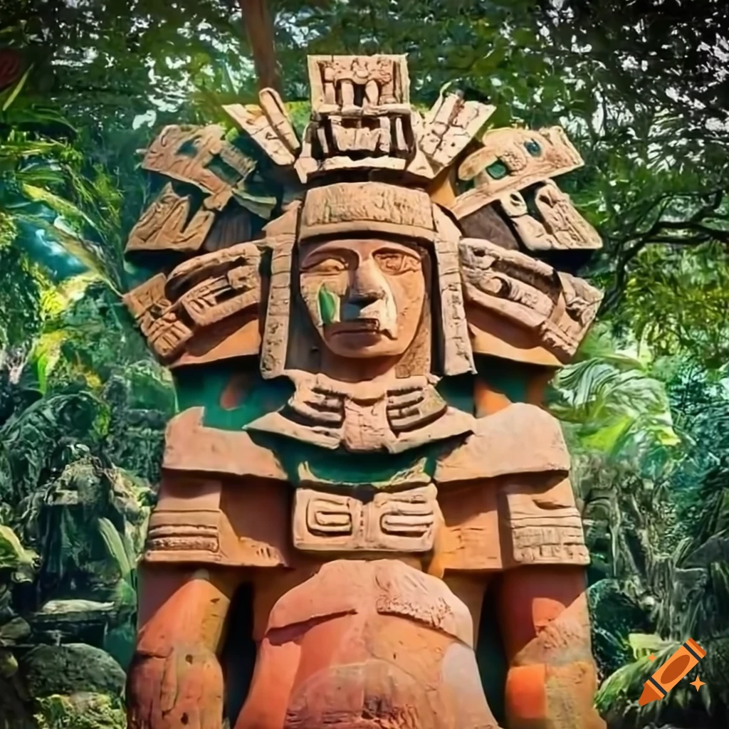 Giant aztec statue in the sunny jungle on Craiyon