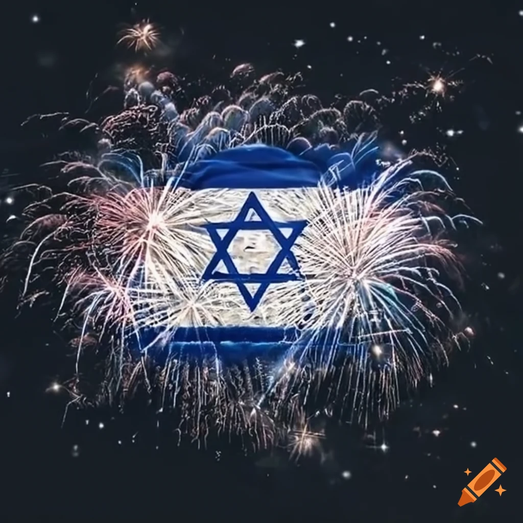 Fireworks forming israeli flag in space on Craiyon