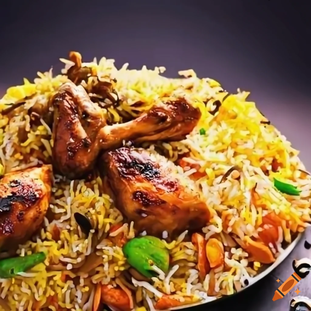 Plate of delicious chicken biryani on Craiyon