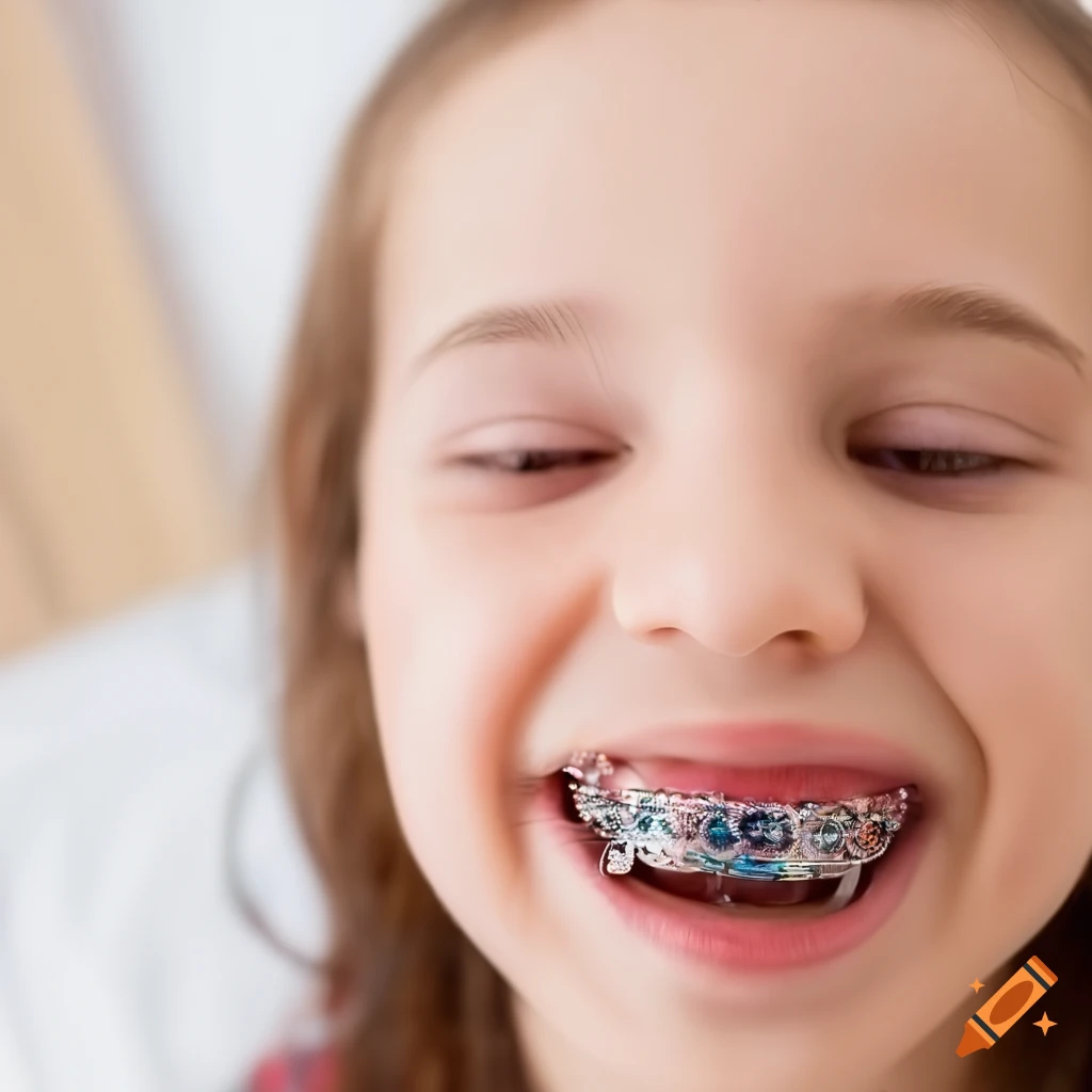 Smiling young girl with silver braces on bed on Craiyon