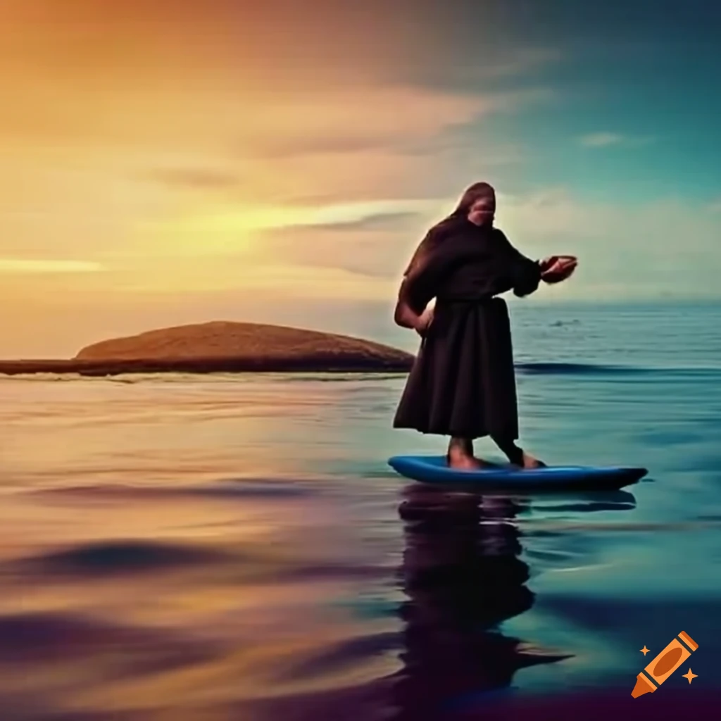 Medieval monk surfing near an Irish island on Craiyon