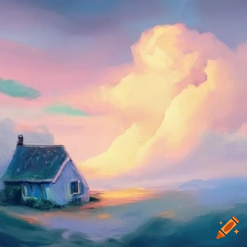 Pastel painting of a cottage in dreamy clouds on Craiyon