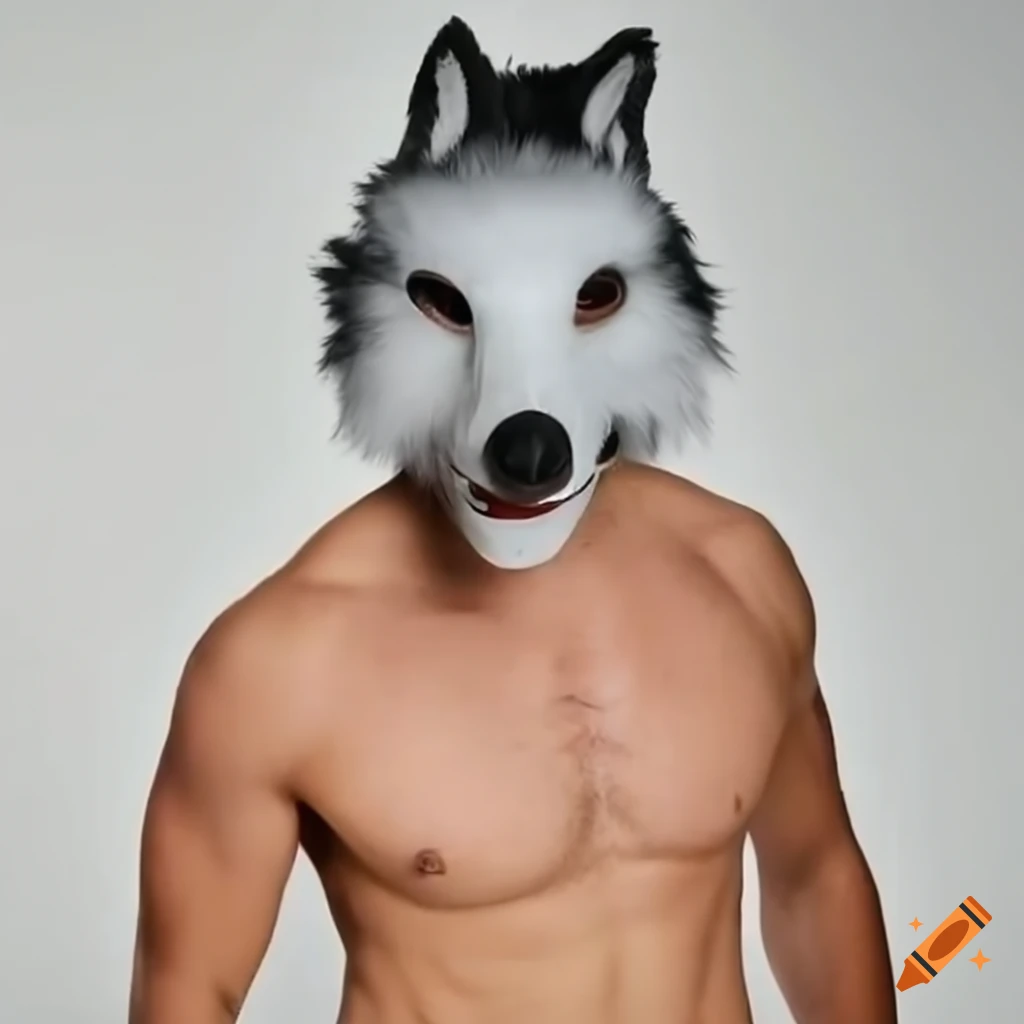 Fitness model wearing a white furry wolf mask