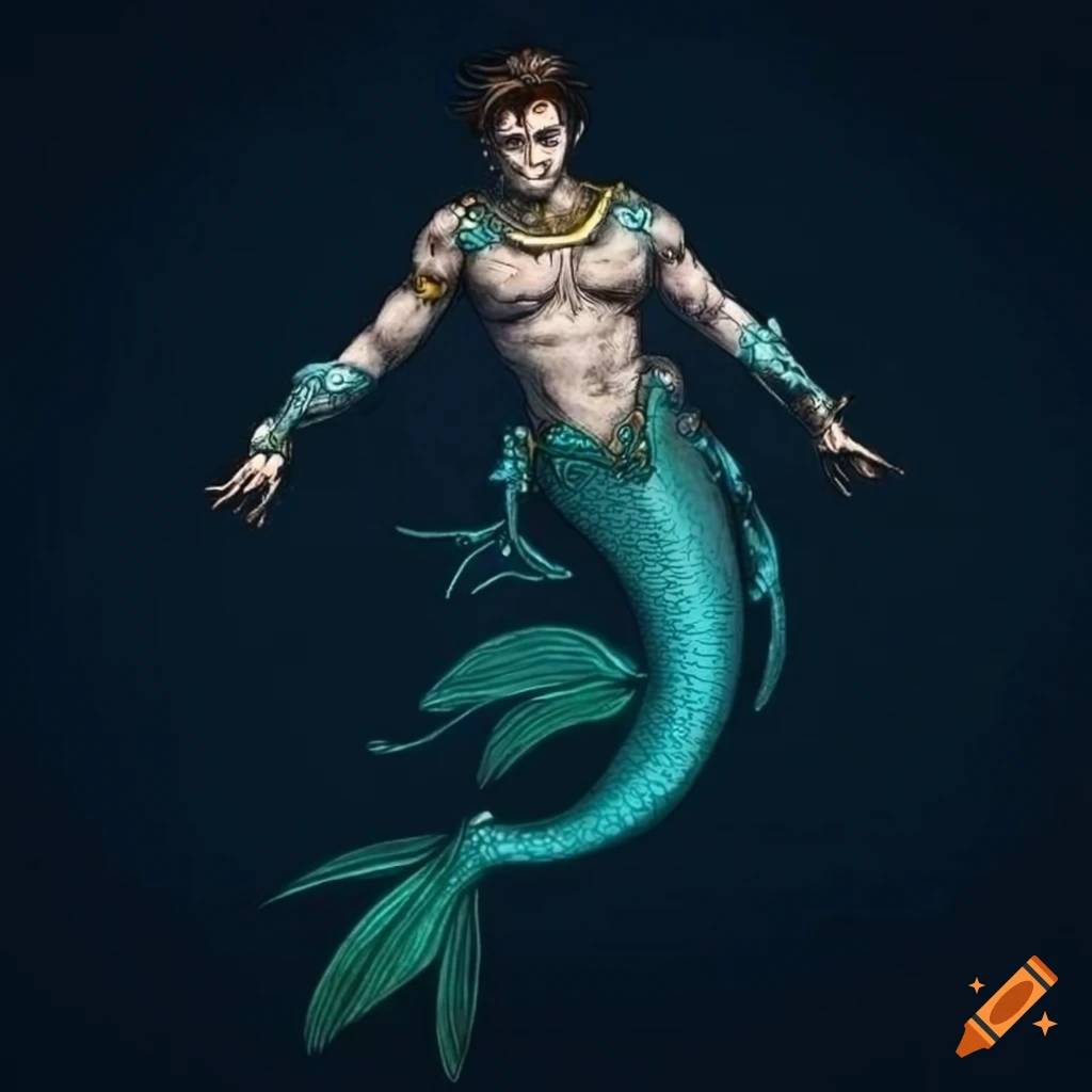 Detailed etching of a merman in a black leather harness on Craiyon