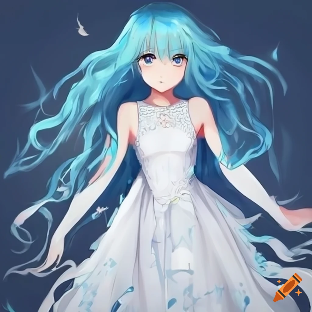 Lady with light blue eyes and white-blue hair dancing on water in anime ...