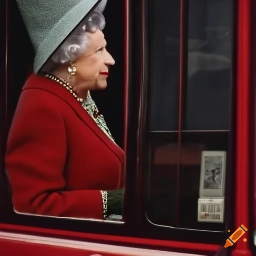 Queen elizabeth boarding a bus on Craiyon