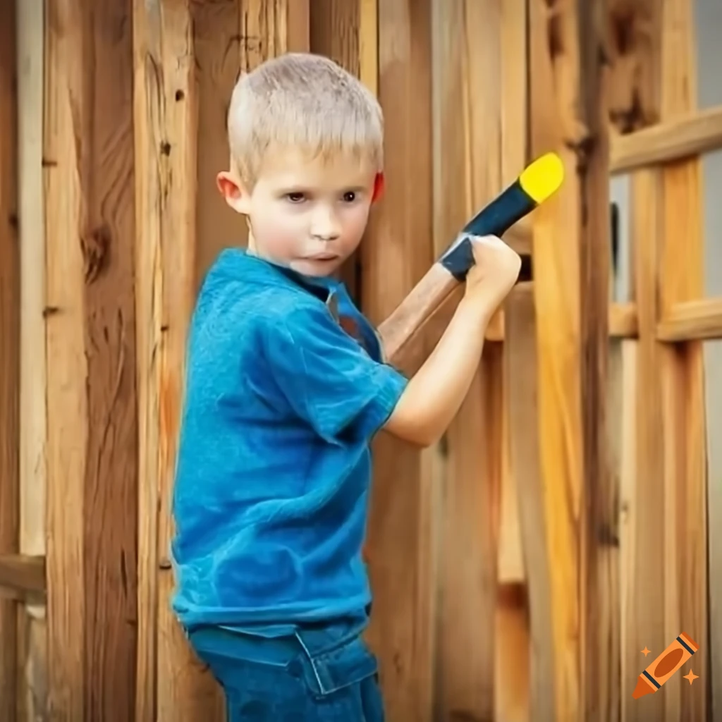 Boy fixing a wooden fence with a hammer