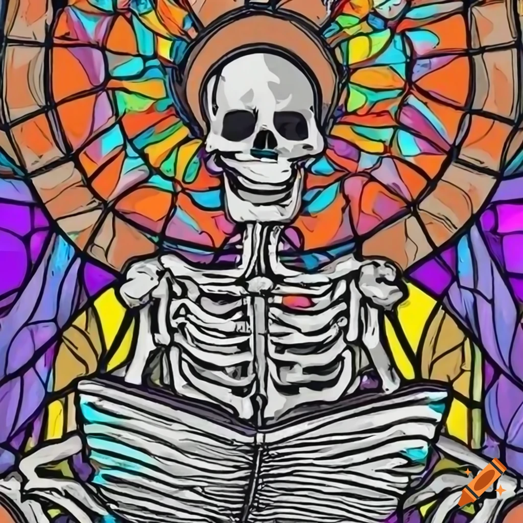 Woodcut of a skeleton reading a book in front of stained glass on Craiyon