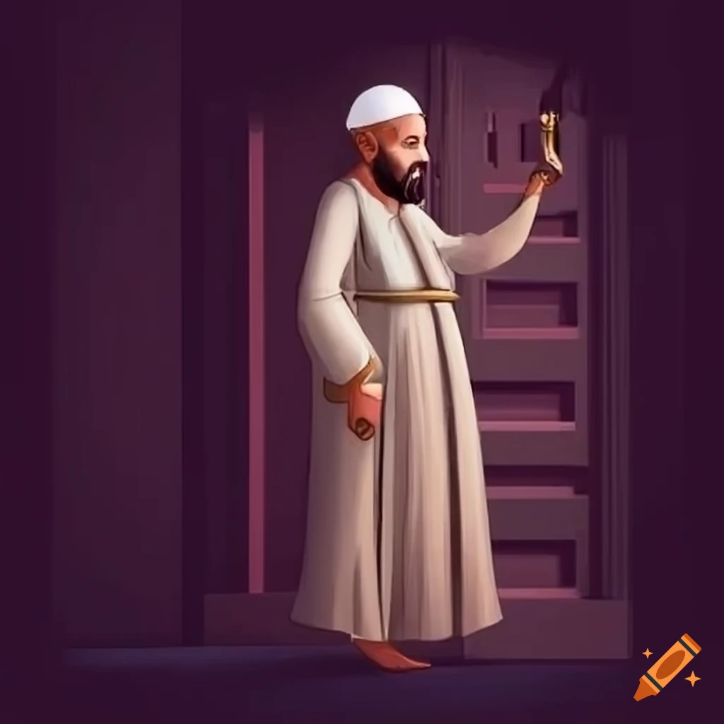 Image of an ancient muslim man knocking on a door