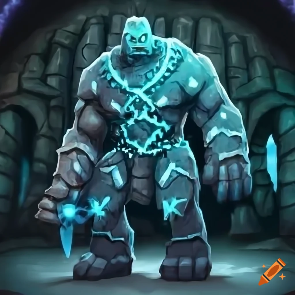 Image of a powerful stone golem in a dungeon on Craiyon