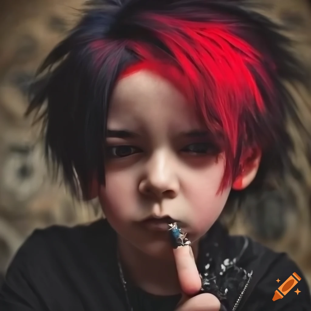 Goth boy with black and red hair smoking