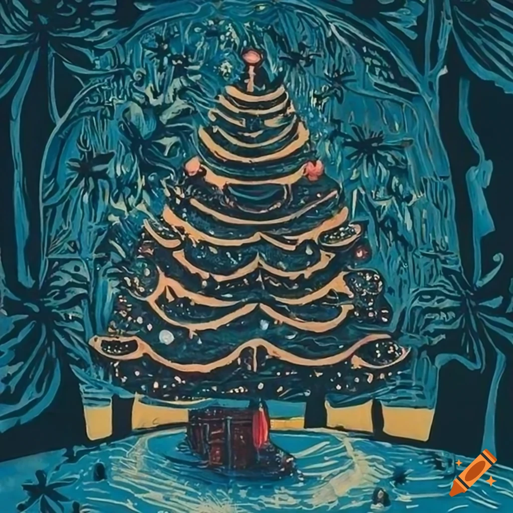 Colorful linocut of a decorated Christmas tree in a winter wonderland ...