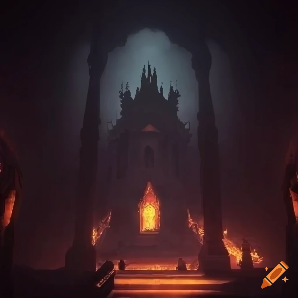 Dark temple with a massive guardian statue and pillars on Craiyon