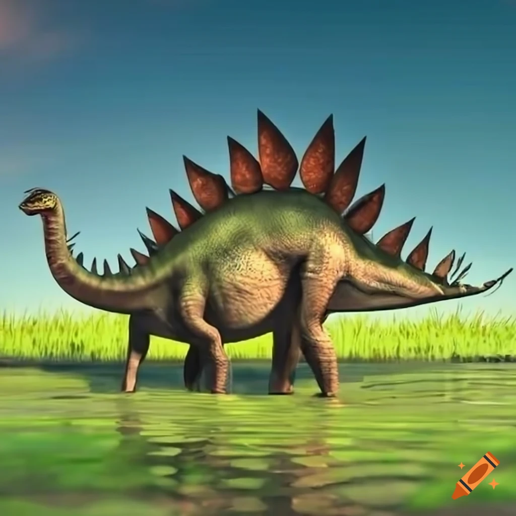 Large beige stegosaurus in a sunny swamp on Craiyon