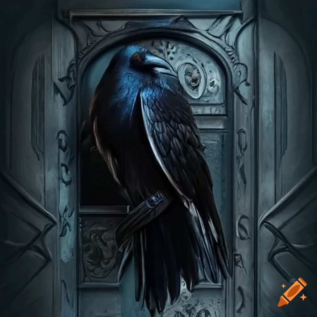 Raven perched on a chamber door on a bust on Craiyon