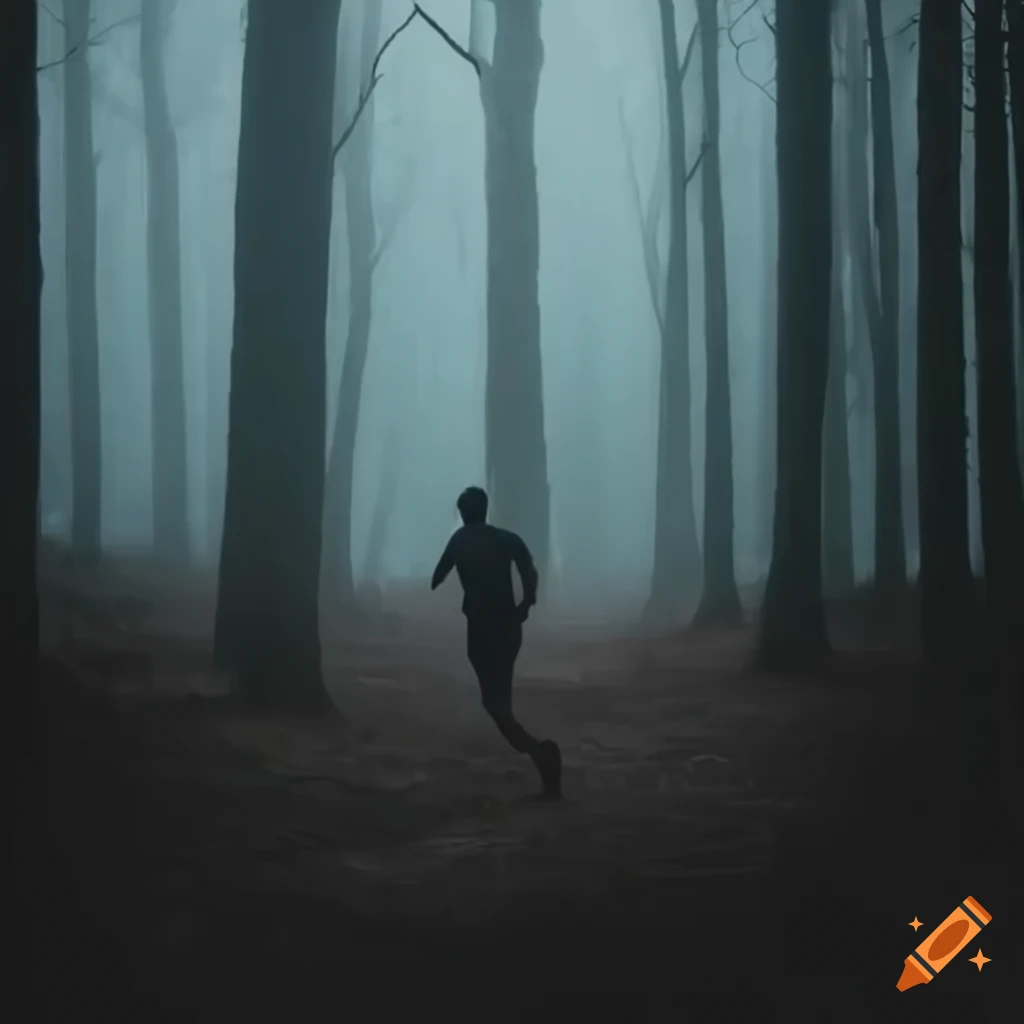 Man running in foggy forest with grey sky on Craiyon