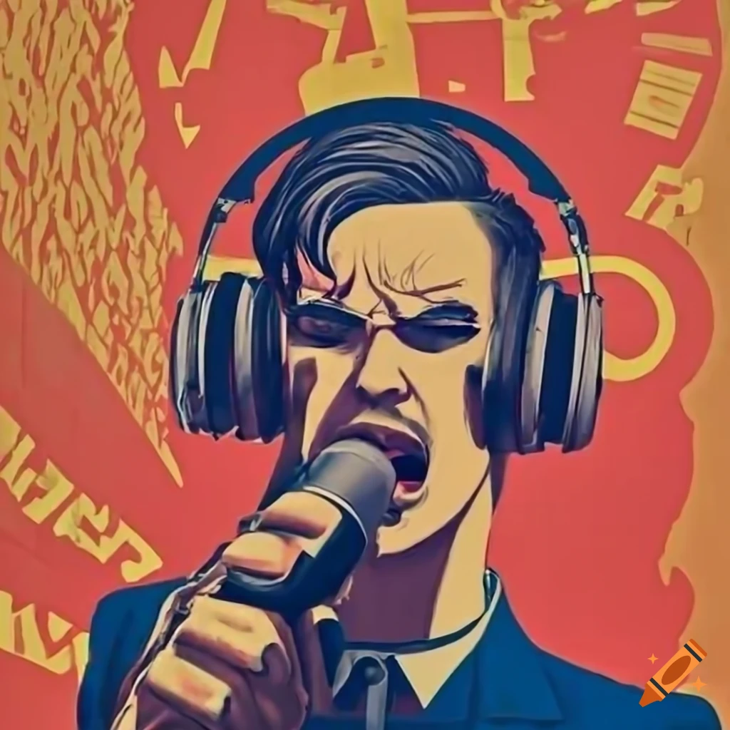 Soviet-style propaganda poster with man shouting into a microphone on ...