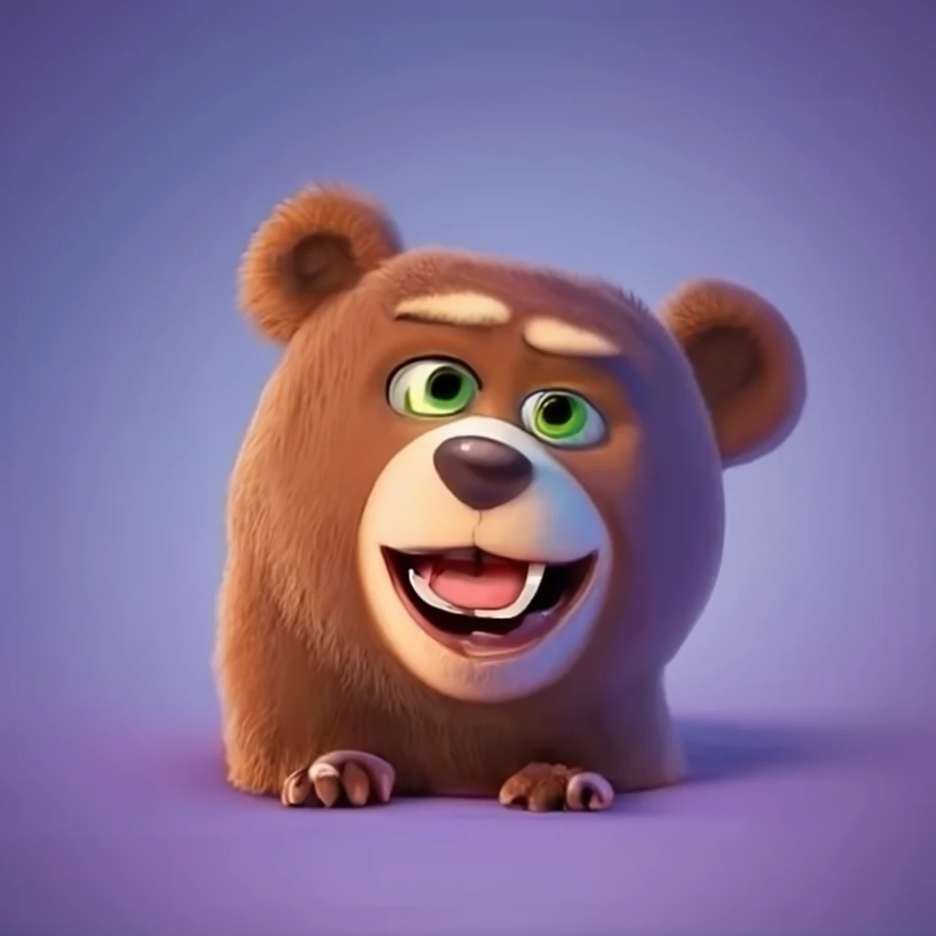 Cute pixar bear with a big smile and green eyes