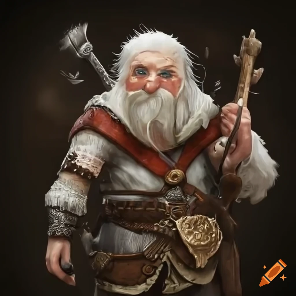 Illustration d'un nain guerrier avec une barbe blanche on Craiyon