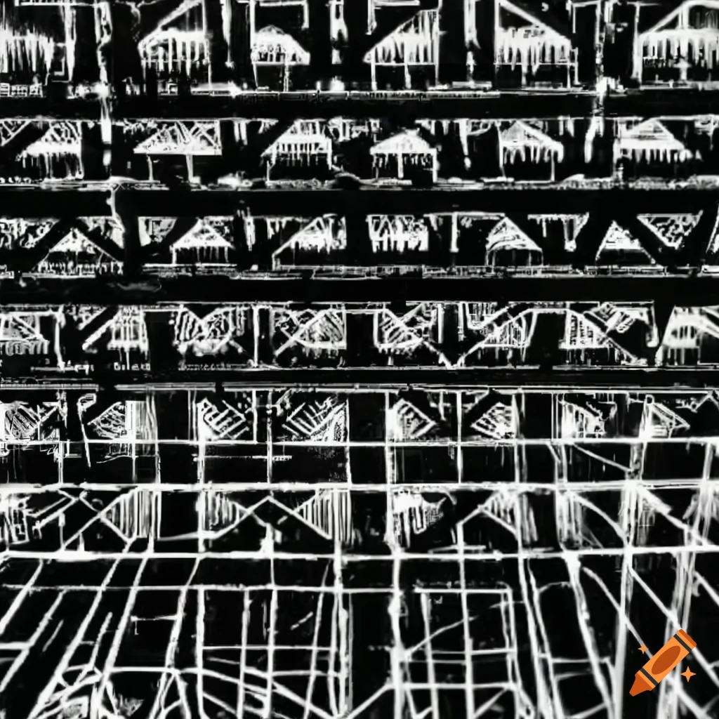 Black and white linocut artwork with complex network layers on Craiyon