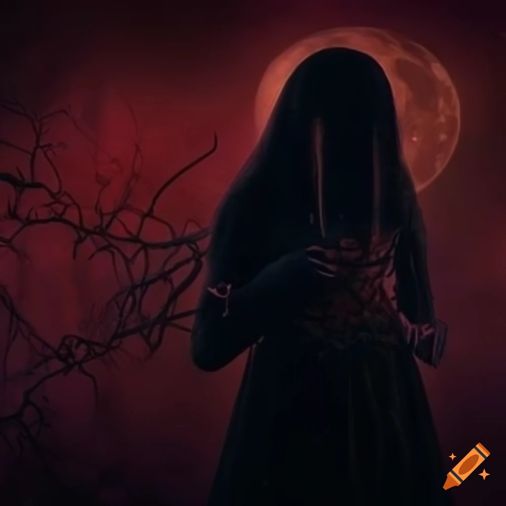 Eerie and gothic image of a moonlit night with rain and blood on Craiyon