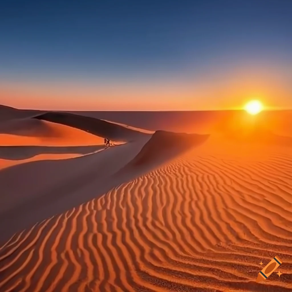 Sunset over sand dunes in the desert on Craiyon