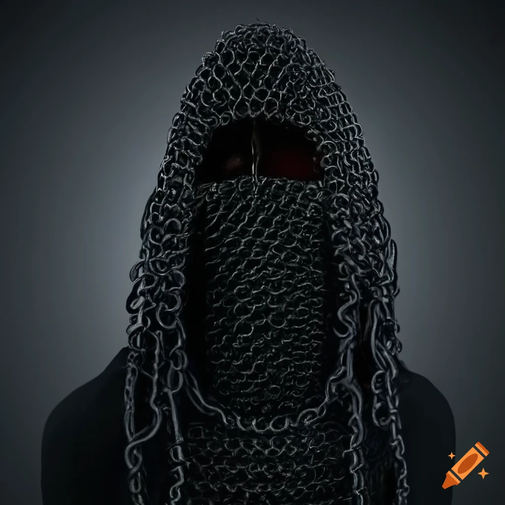 Chainmail eye mask on a mysterious figure with dreadlocks