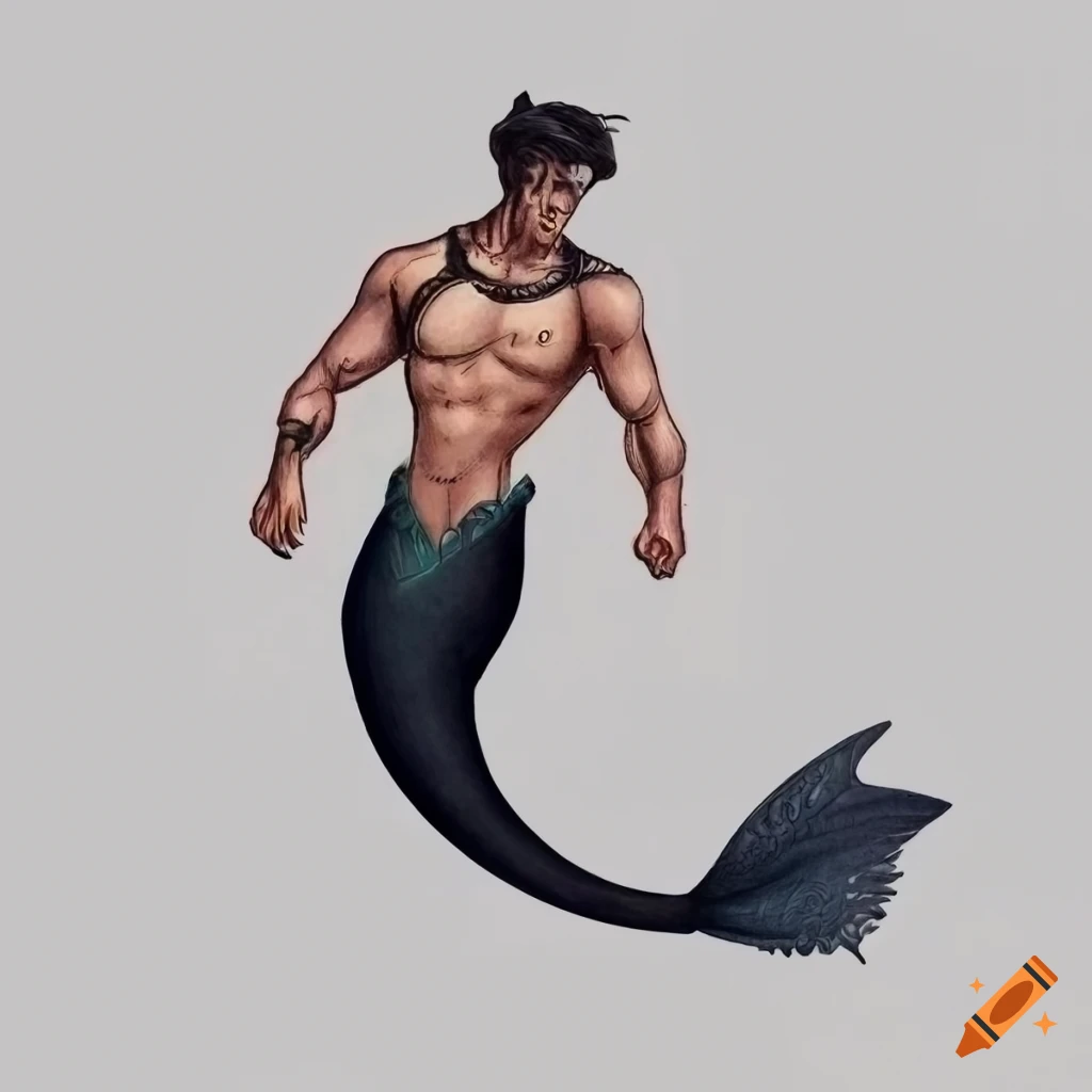 Detailed etching of a merman in a black leather harness on Craiyon