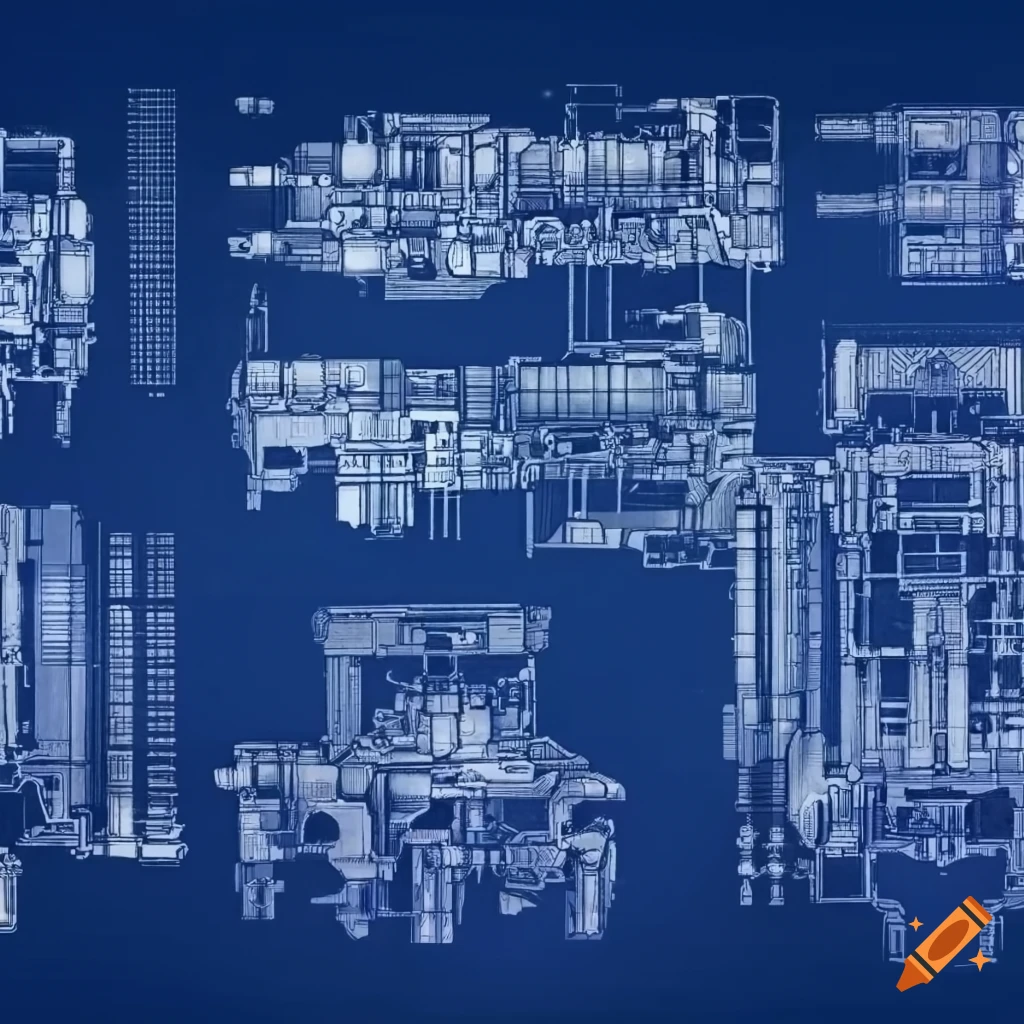 Detailed blueprint of a light mech with complex construction on Craiyon