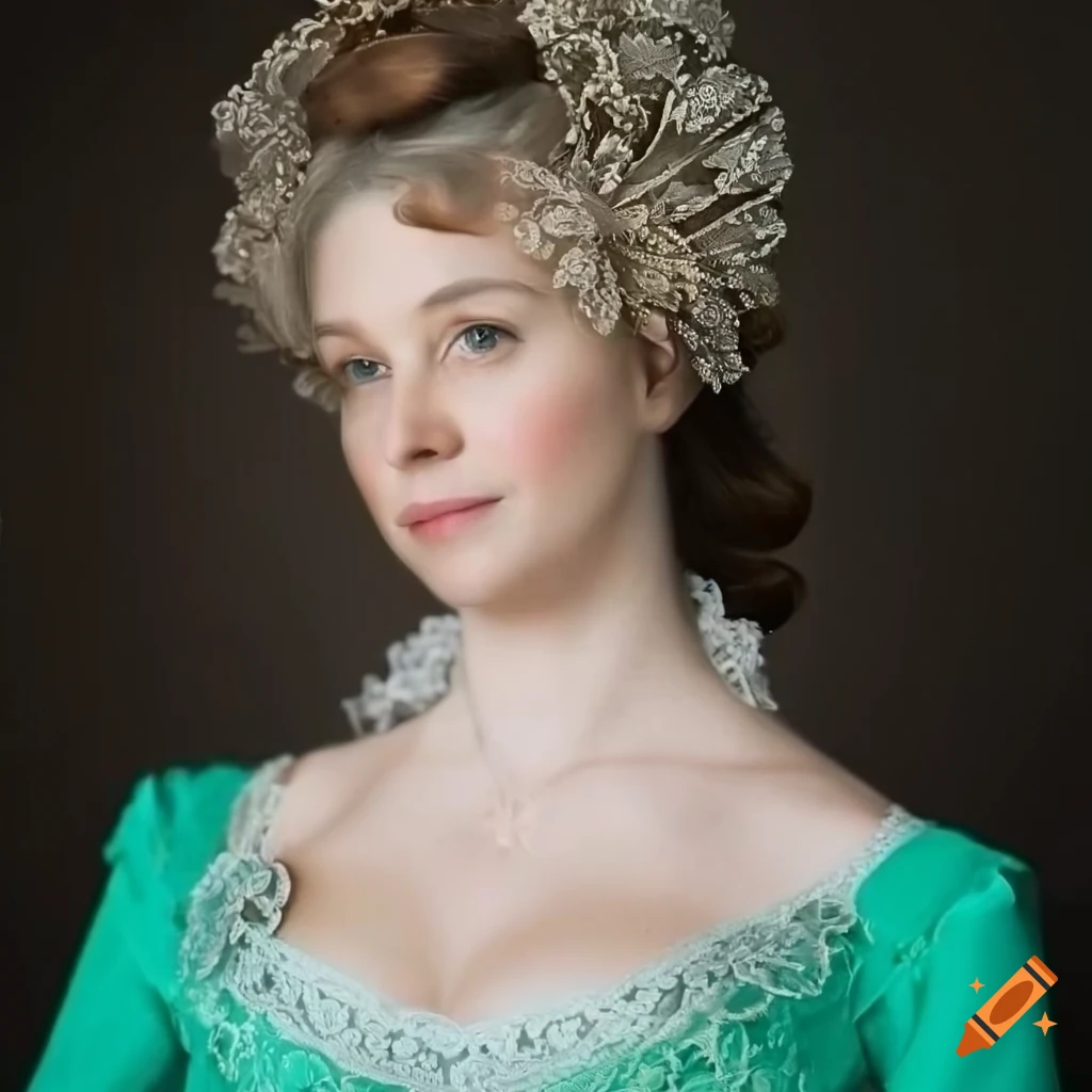 Elegant young woman in 18th century attire and powdered wig on Craiyon