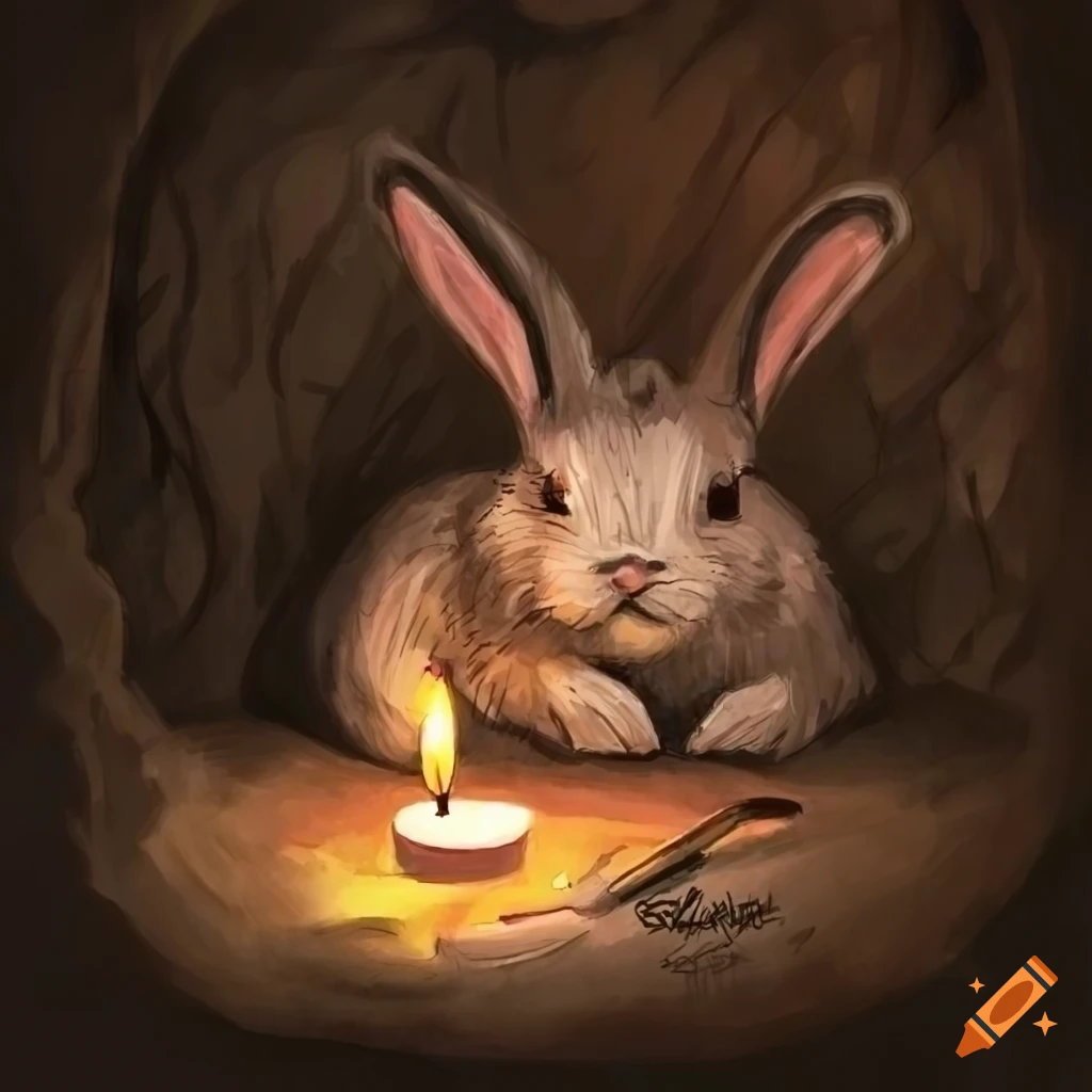 Sketch of a rabbit exploring a cave with a helmet and candle on Craiyon