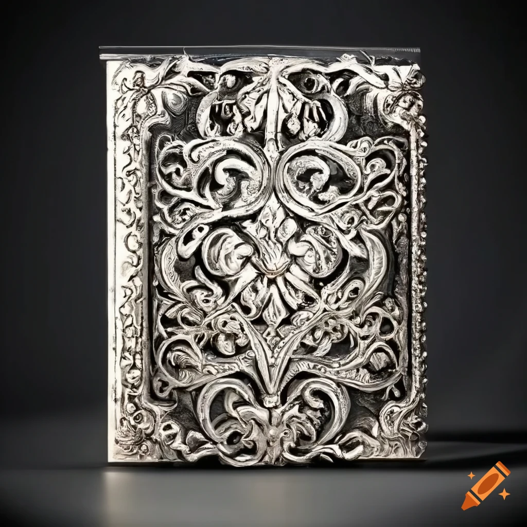 Intricate silver book cover design on Craiyon