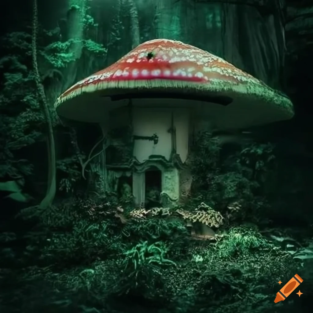 Surrealist gothic mushroom-inspired building in a magical forest with ...