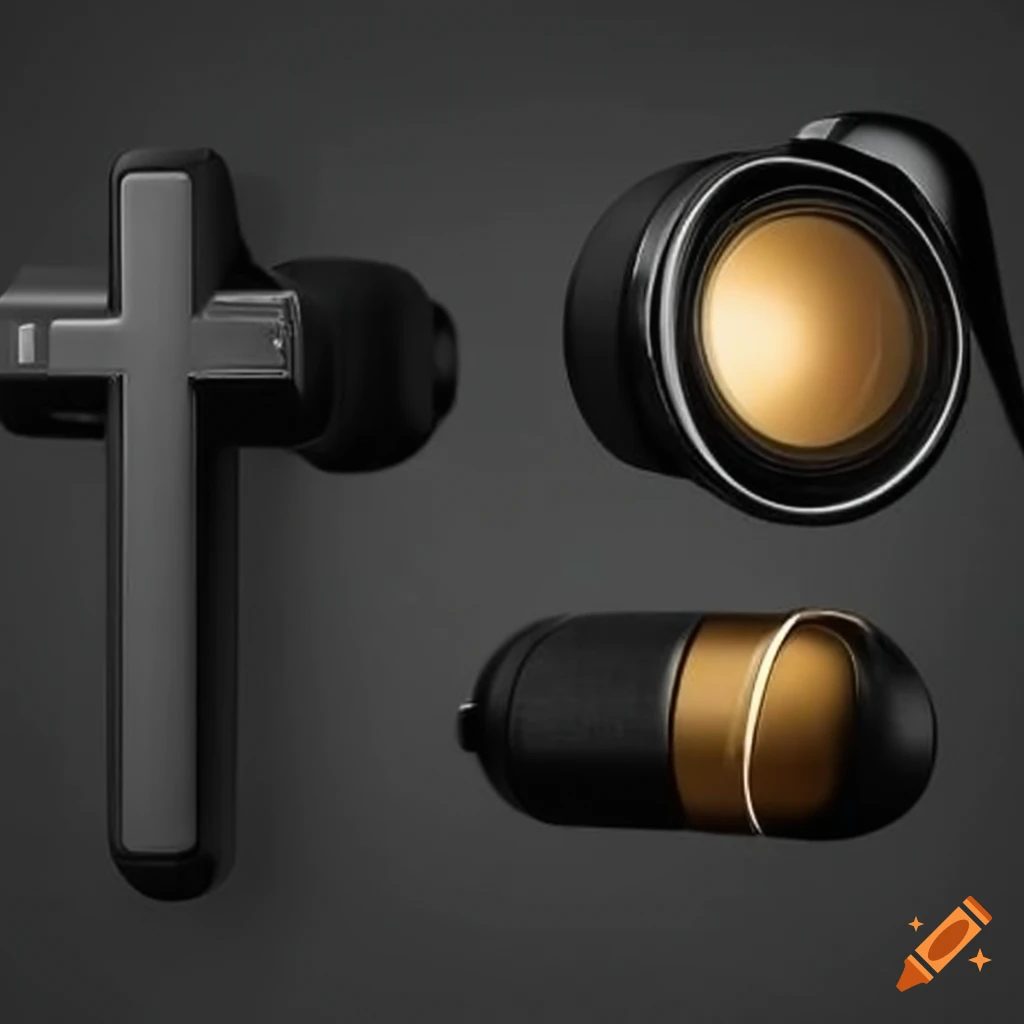 Black and golden wireless pods in the shape of a cross