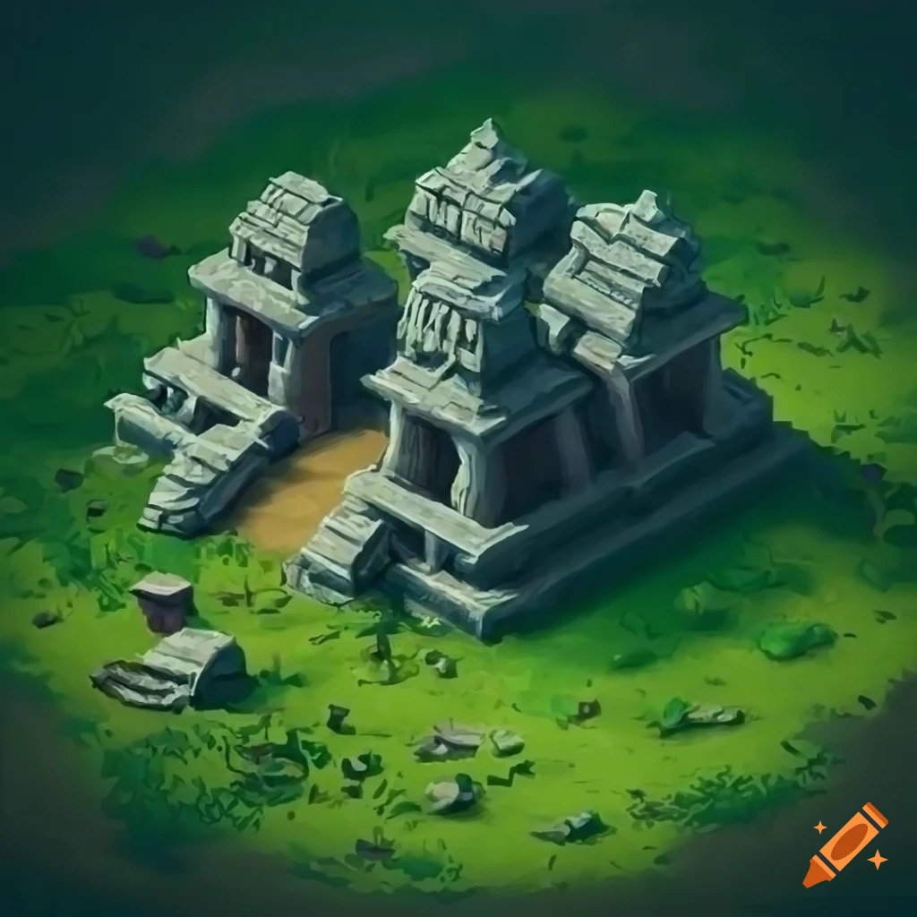 Isometric art of an ancient temple in a grassy field on Craiyon