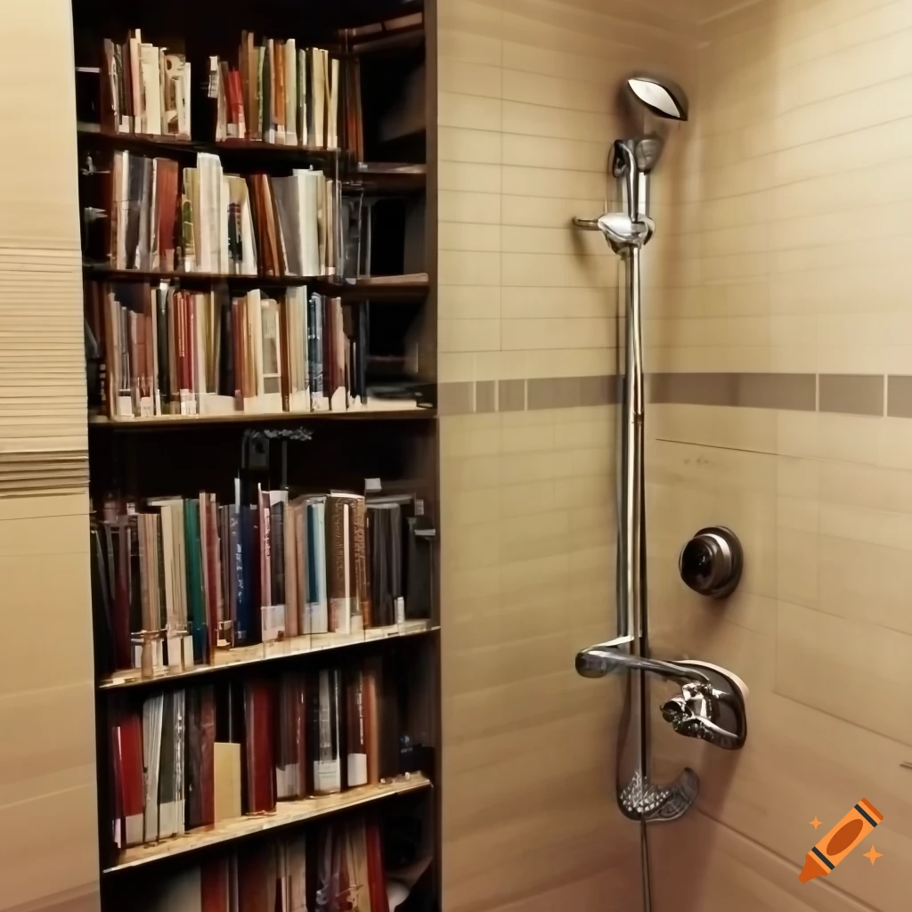 Shower cubicle in a library on Craiyon