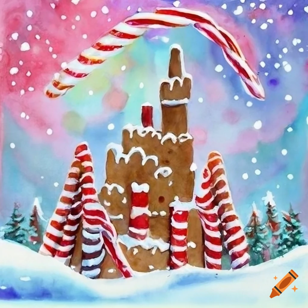 Watercolor christmas card with gingerbread castle