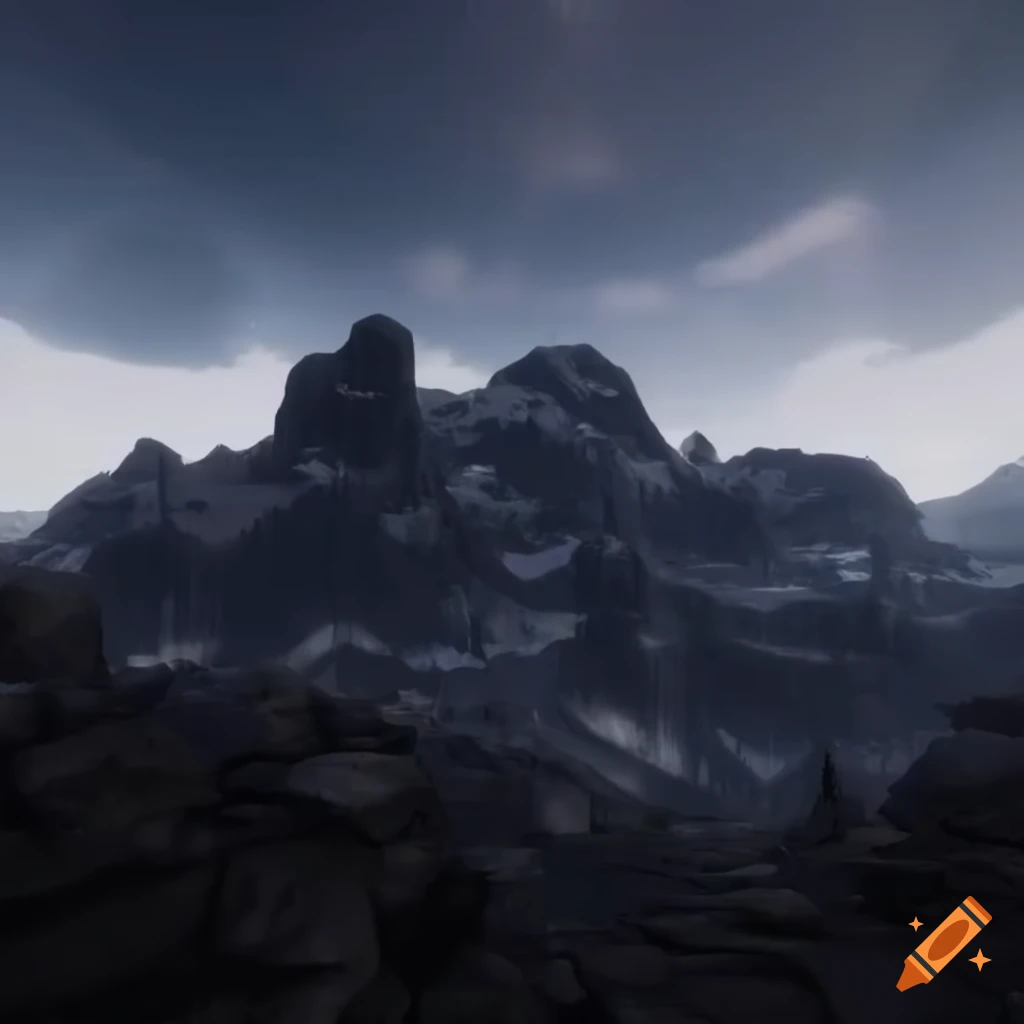 Unreal engine 5 rock with snowy mountains on Craiyon