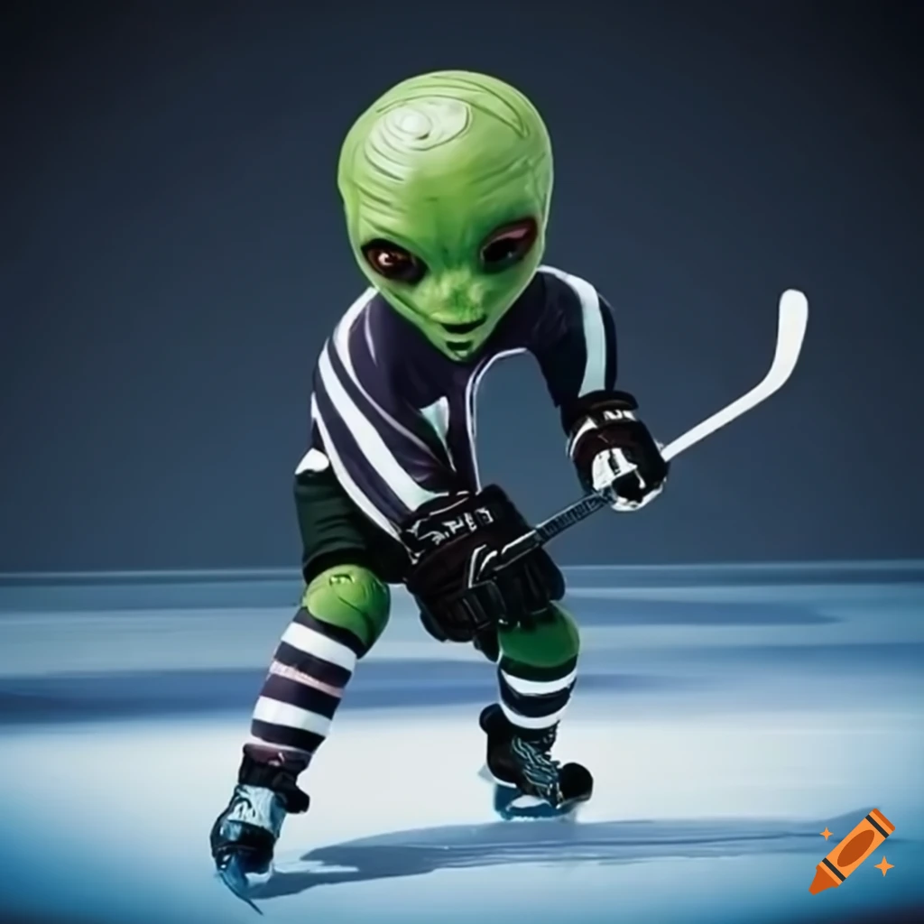 Image of an alien playing ice hockey