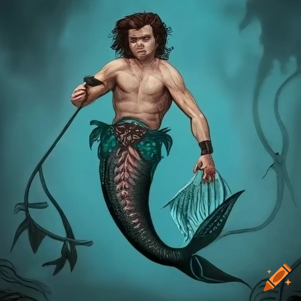 Etching of a highly detailed merman in a black harness on Craiyon