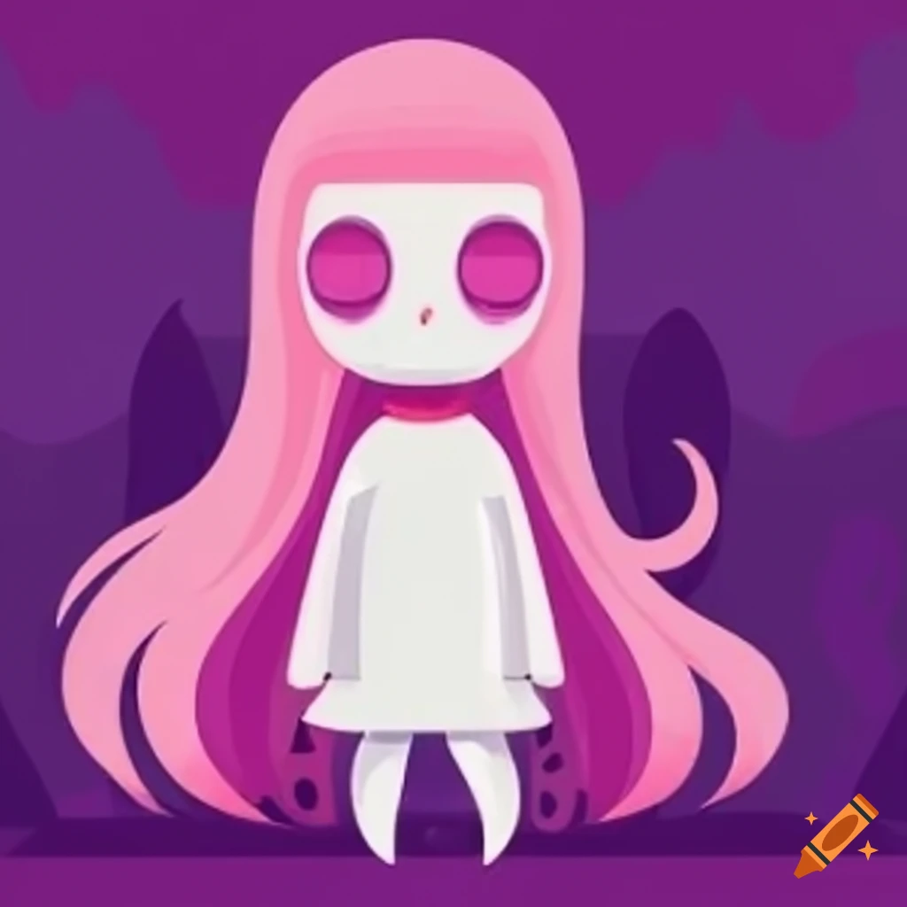 Cartoon ghost with pink hair and white gloves on Craiyon