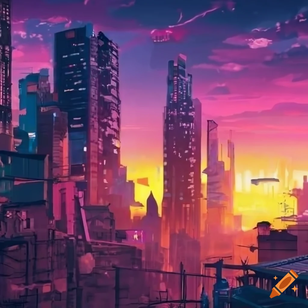 Sunset in a cyberpunk city on Craiyon